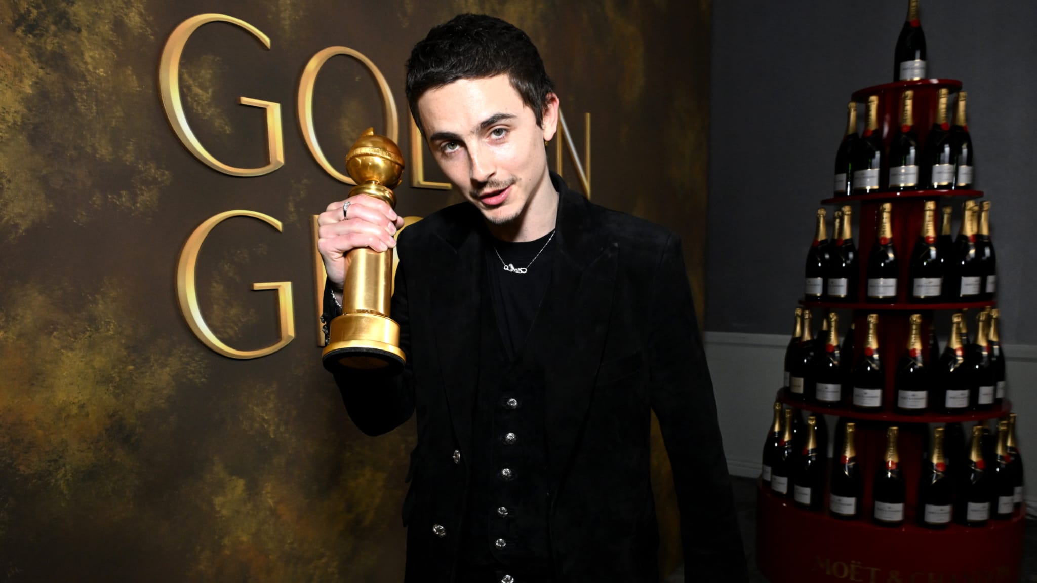 Timothée Chalamet Accepts First Golden Globe Win in Custom Chrome Hearts