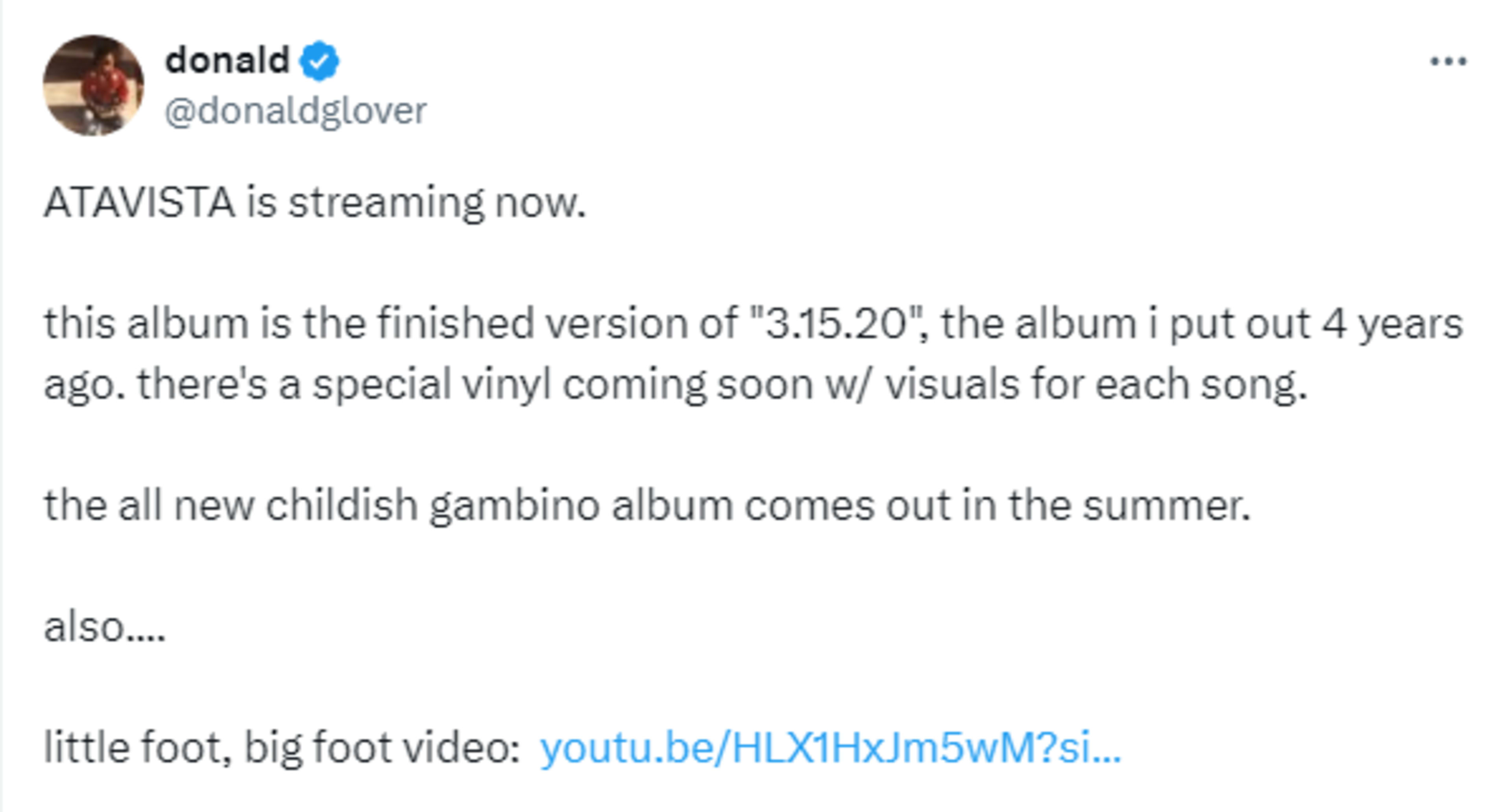 Childish Gambino Shares 'Atavista' Album Alongside "Little Foot, Big ...