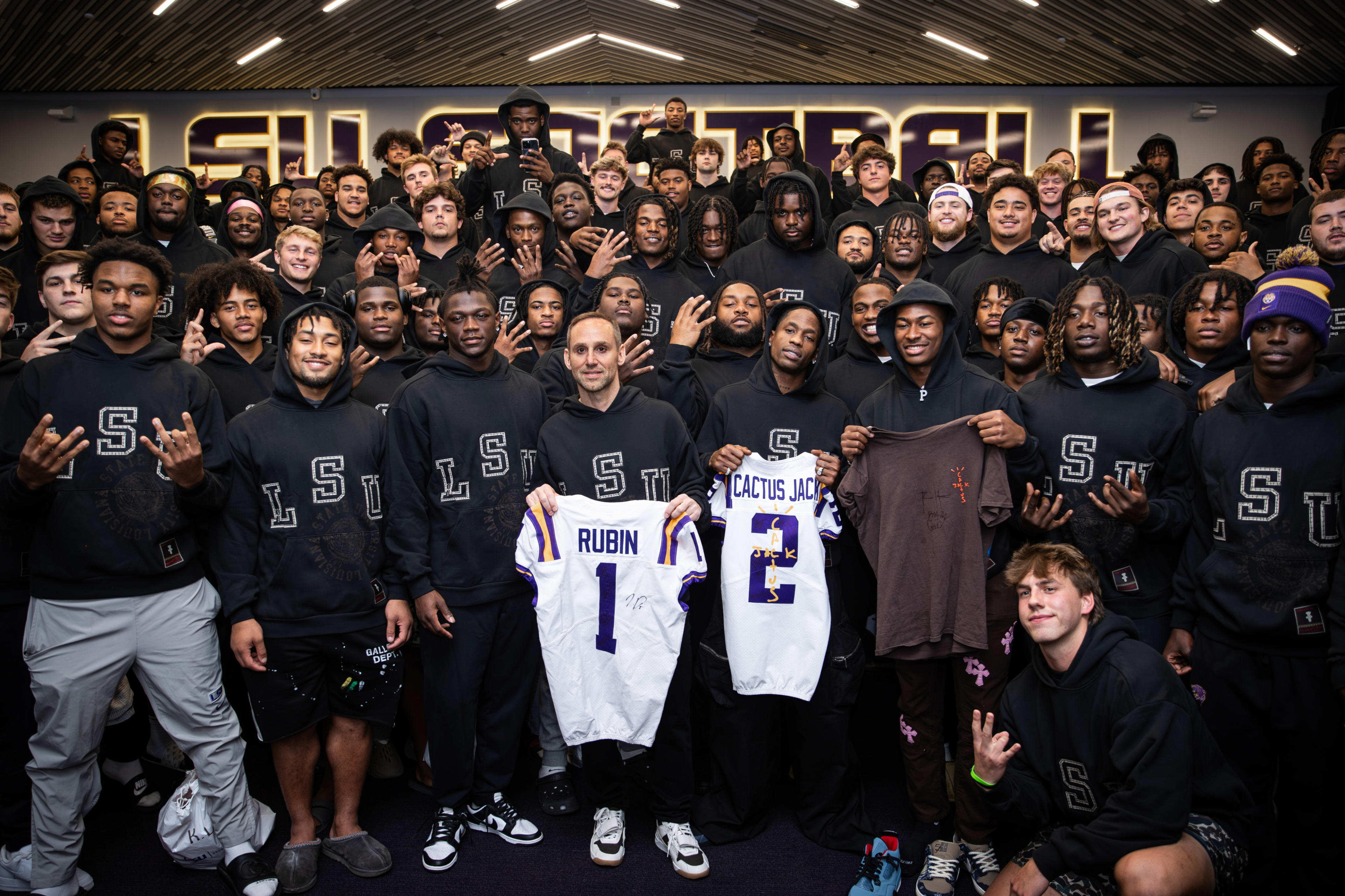 Travis Scott, Angel Reese, and Michael Rubin Surprise LSU Football Team ...